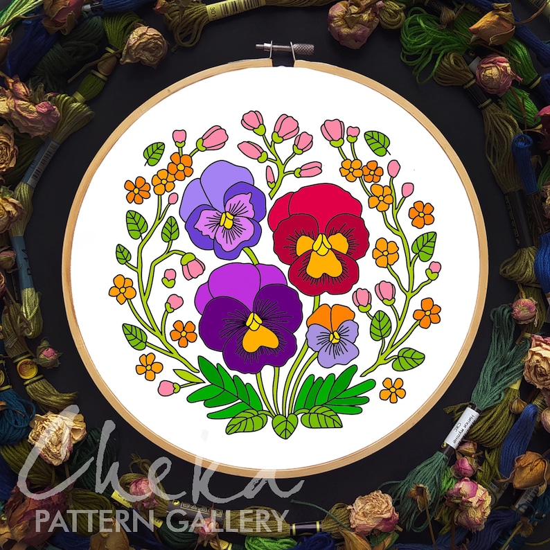 Pansies, Hand Embroidery Template, Pansy Stitch Pattern, Embroidery ...