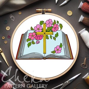 Holy Bible Embroidery Pattern, Cross and Flowers (PDF Pattern) - Etsy