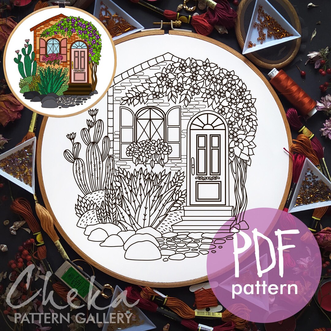 Cottage Hand Embroidery Template, House With Garden Embroidery Pattern ...
