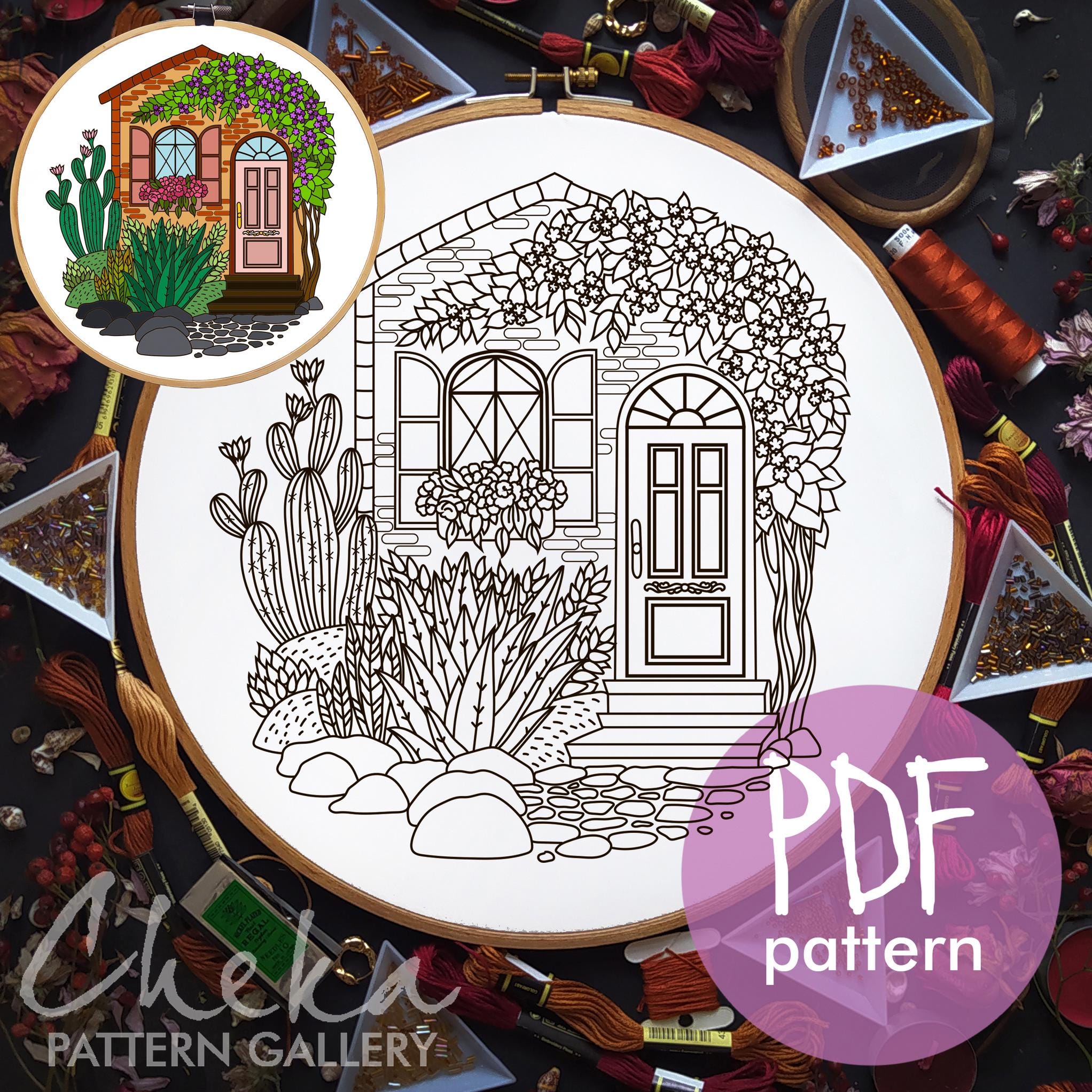 Cottage Hand Embroidery Template, House With Garden Embroidery Pattern ...