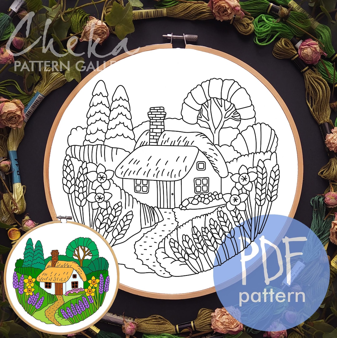Cottage Hand Embroidery Template, Rural House With Lavender PDF ...