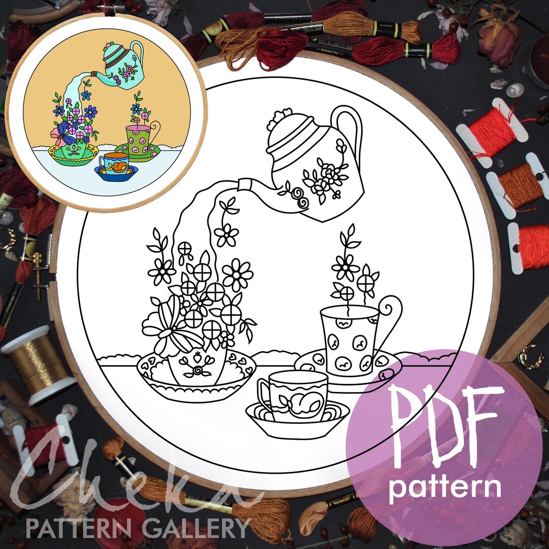 Teapot With Flowers Hand Embroidery Pattern, Tea Ceremony (PDF Pattern ...
