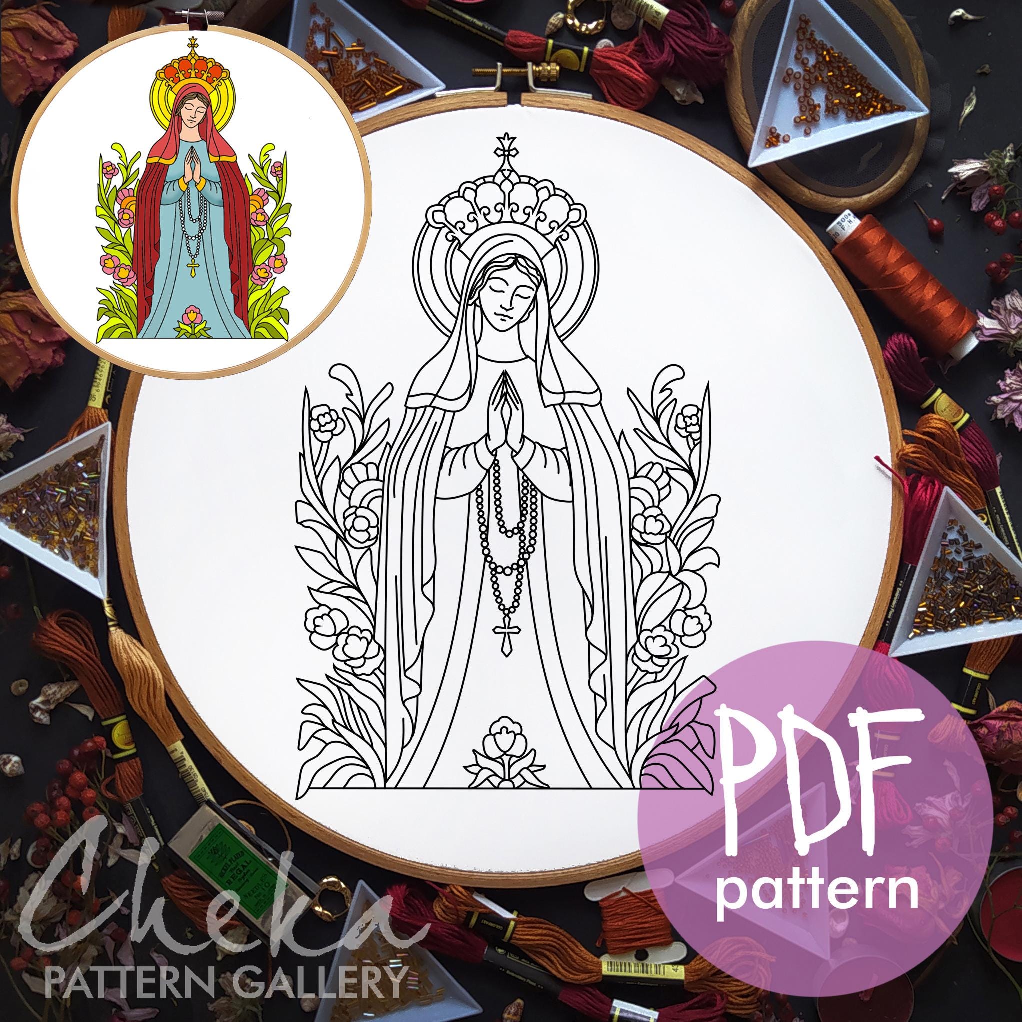 Virgin Mary Hand Embroidery Pattern, Christian Catholic Art (digital ...