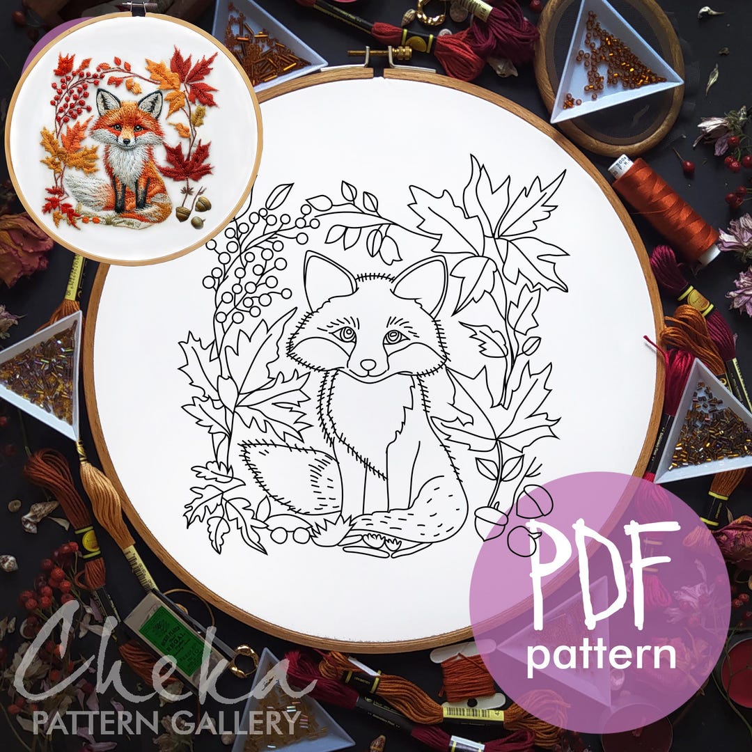 Fox Among Leaves Pattern. Cute Baby Fox, Hand Embroidery Pattern. Fox ...