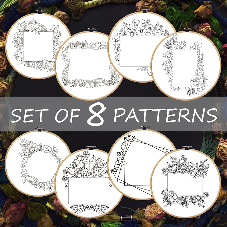 Floral Photo Frames Embroidery Bundle, Set of 8 Floral Hand Embroidery ...