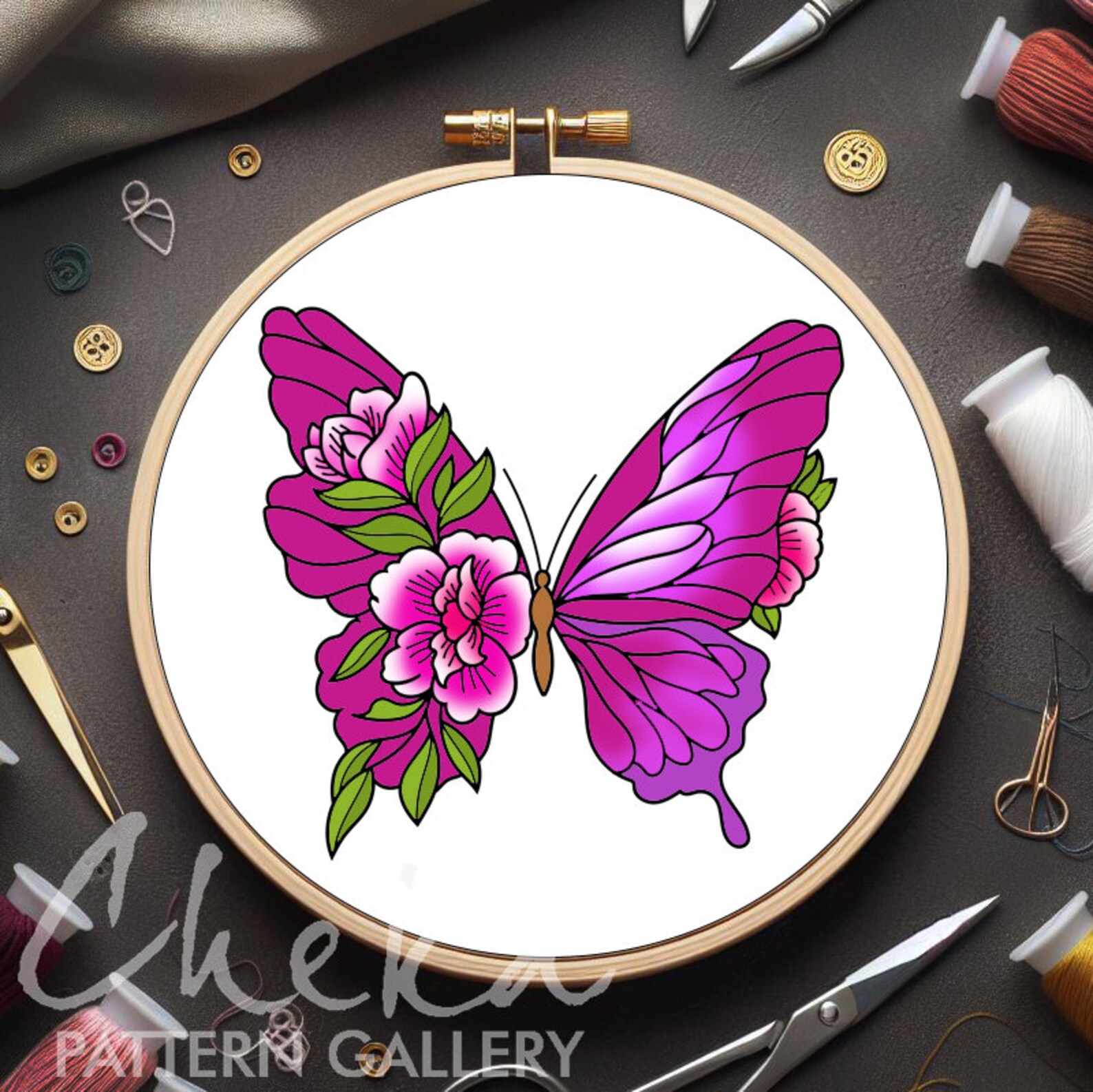 Butterfly With Flowers, Hand Embroidery Pattern. Butterfly Embroidery ...