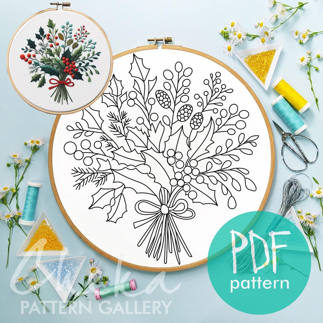 Christmas Embroidery Pattern, Botanical Embroidery, Holly and Mistletoe ...