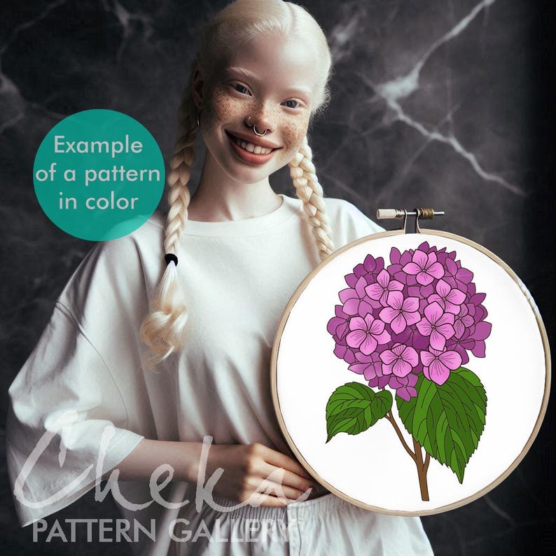 Hydrangea Hand Embroidery Pattern, Branch of Big Pink Hydrangea, Summer ...