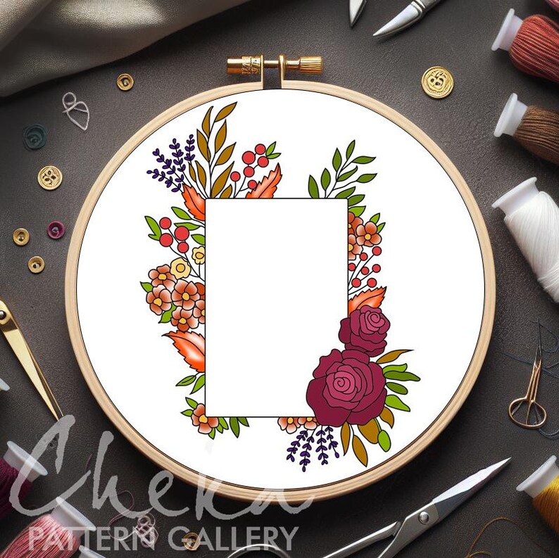 Photo Frame, Hand Embroidery Pattern With Autumn Flowers, Handmade ...
