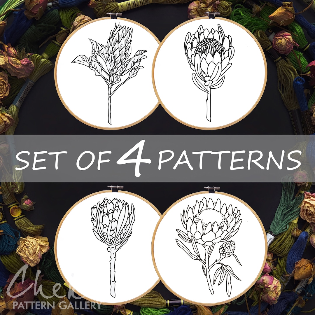 Protea Embroidery Bundle, Set of 4 Floral Hand Embroidery Patterns ...