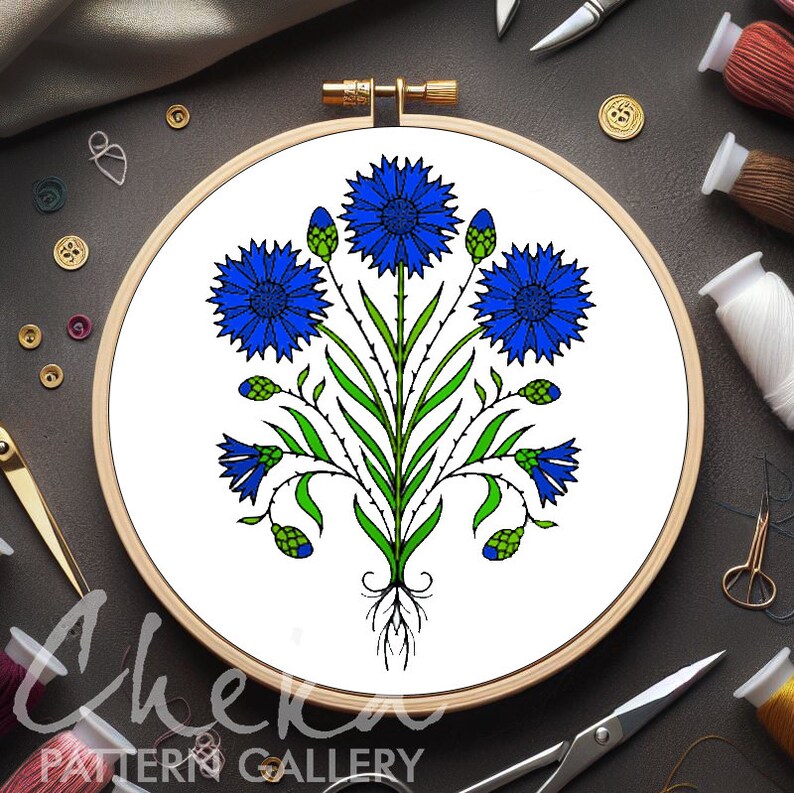 Blue Cornflower, Embroidery Pattern PDF. Decorative Cornflower, Rural ...