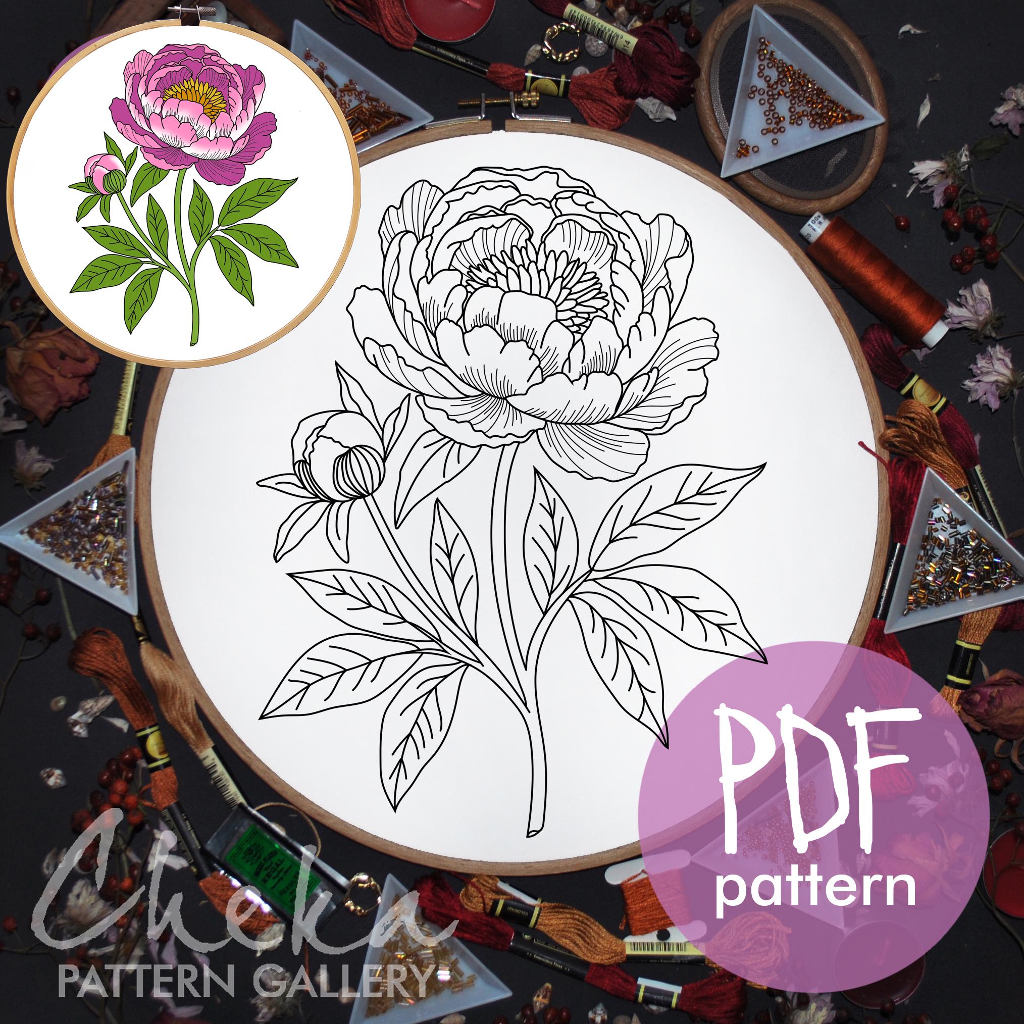 Peony Hand Embroidery Pattern, Botanical Embroidery. Beautiful Flower ...