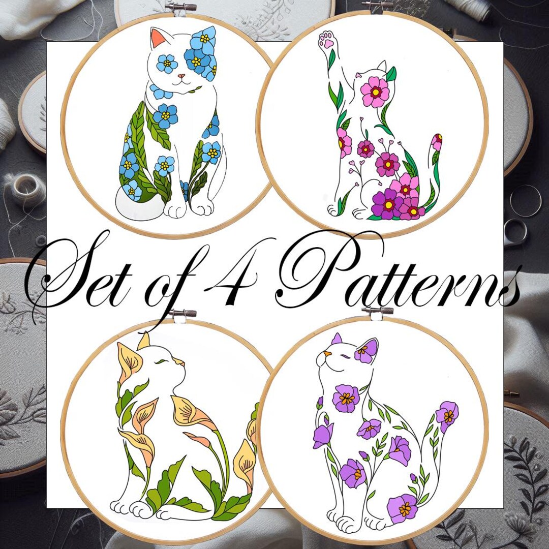 Cat Embroidery Pattern, Flower Cats, Set of 4 (PDF Pattern) - Etsy