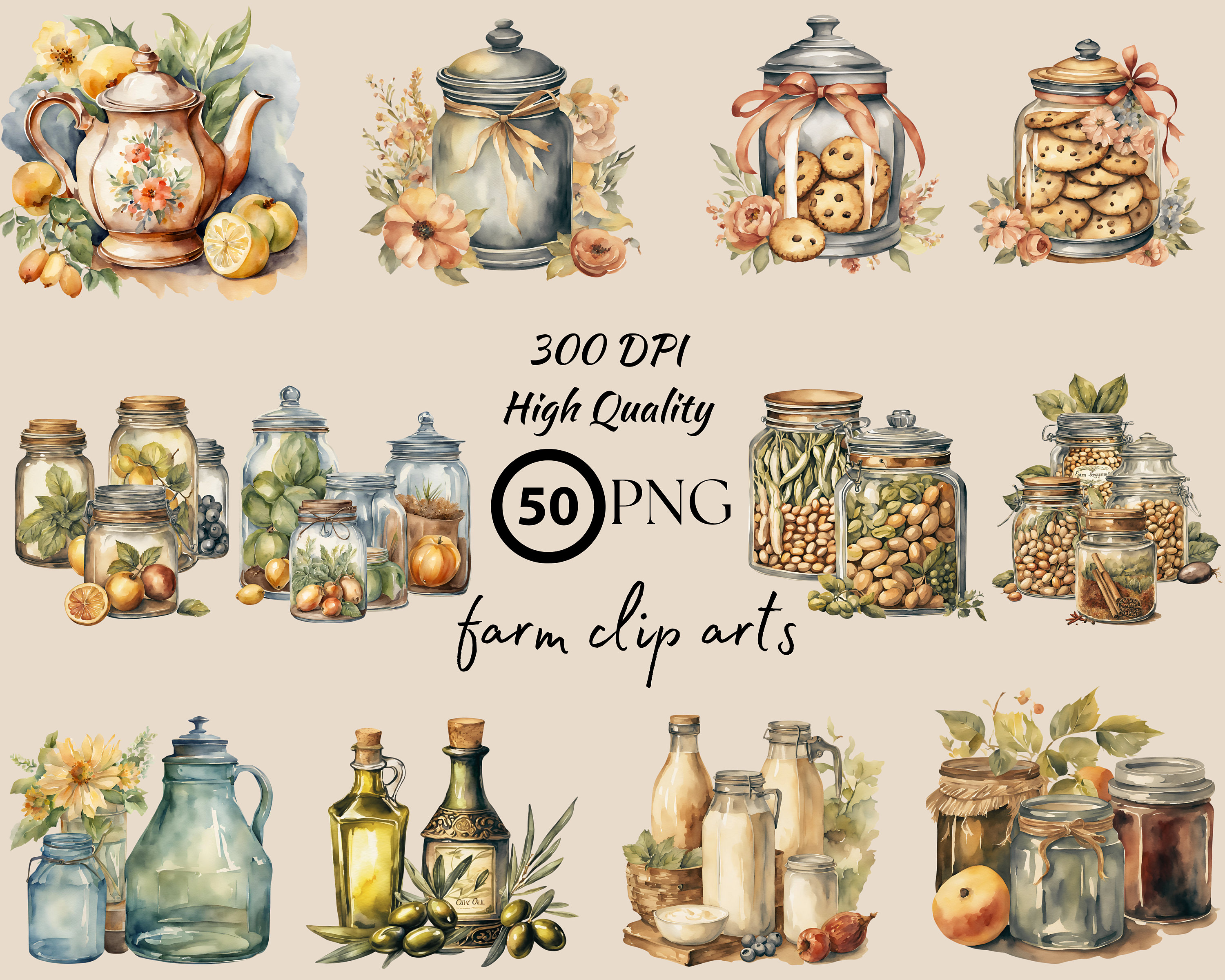 Watercolor Farm Clip Arts,vintage Farm Elements,farm Animals,vintage ...