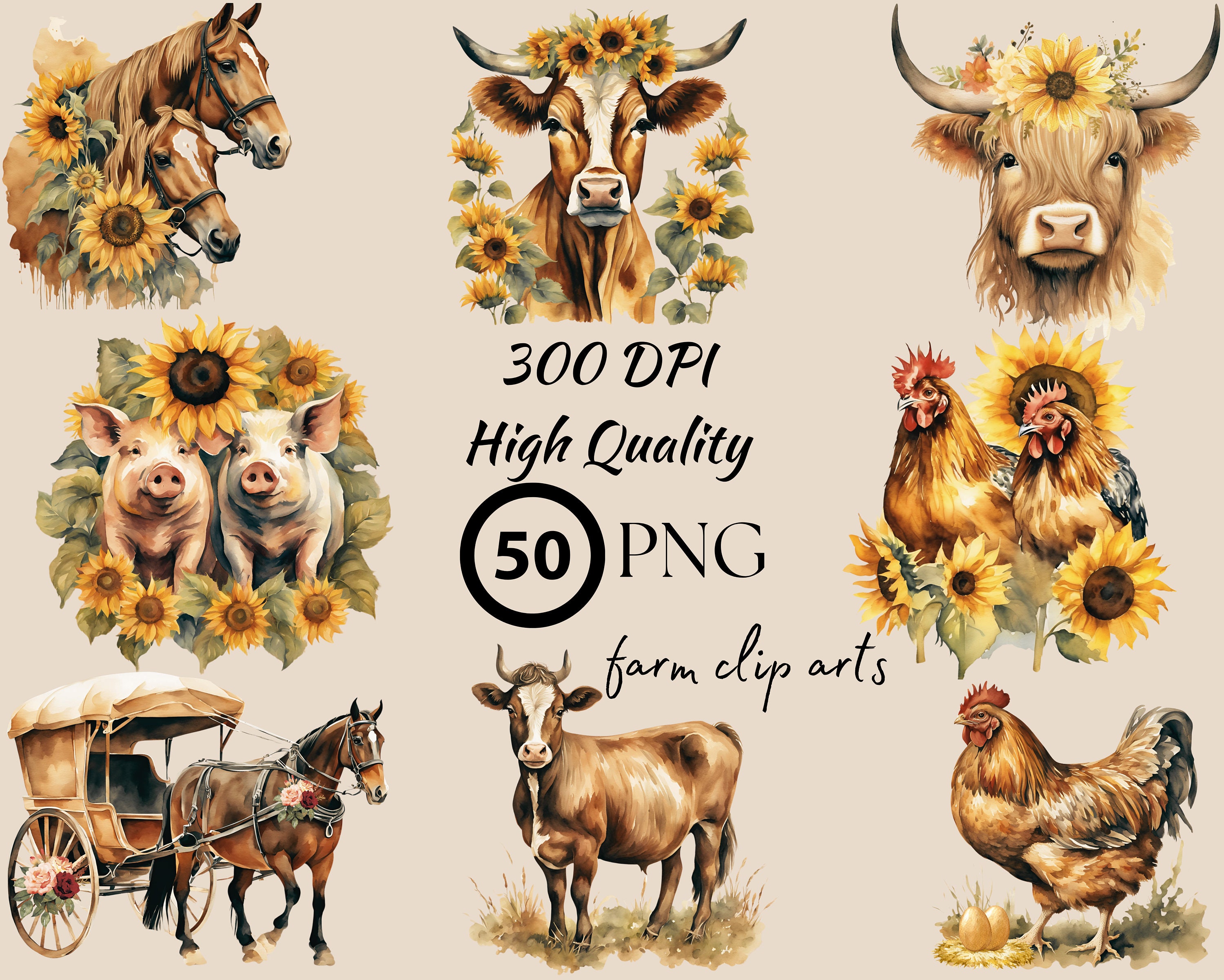 Watercolor Farm Clip Arts,vintage Farm Elements,farm Animals,vintage ...