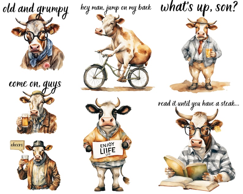 Funny and Ironic Cow Sublimation Bundle,funny Cow Clip Arts,digital ...