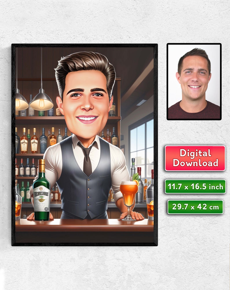 Custom Bartender Caricature, Custom Caricature for a Man, Digital ...