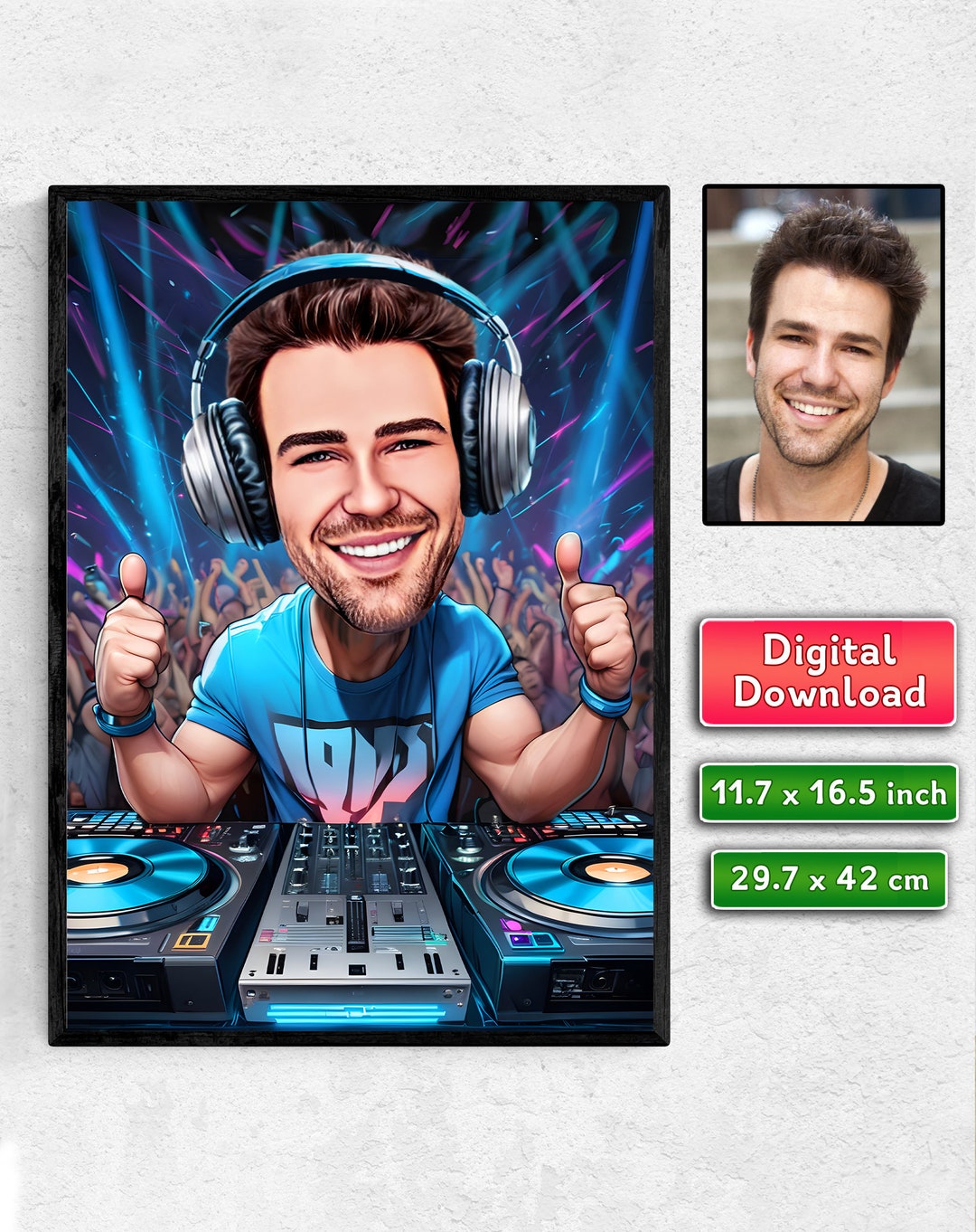 Custom Caricature of DJ From Photo. Funny Cartoon DJ for a Gift ...