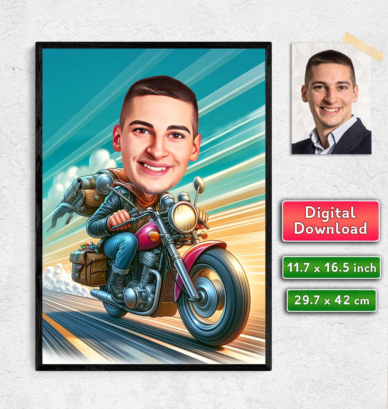 Personalised Biker Cartoon Portrait, Custom Caricature Motobiker ...