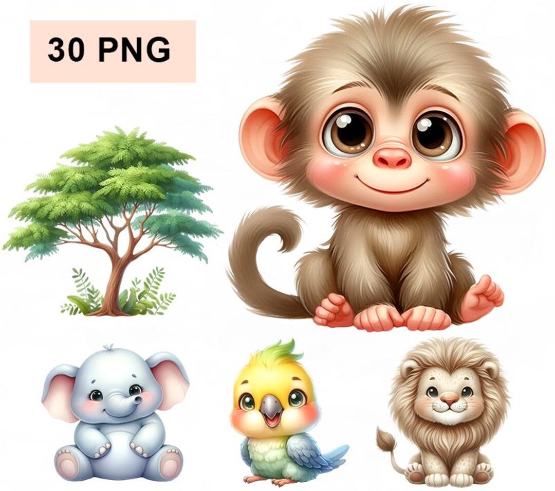 Baby Safari Animals Clipart, 30 Transparent PNG Bundle, Jungle Animal ...
