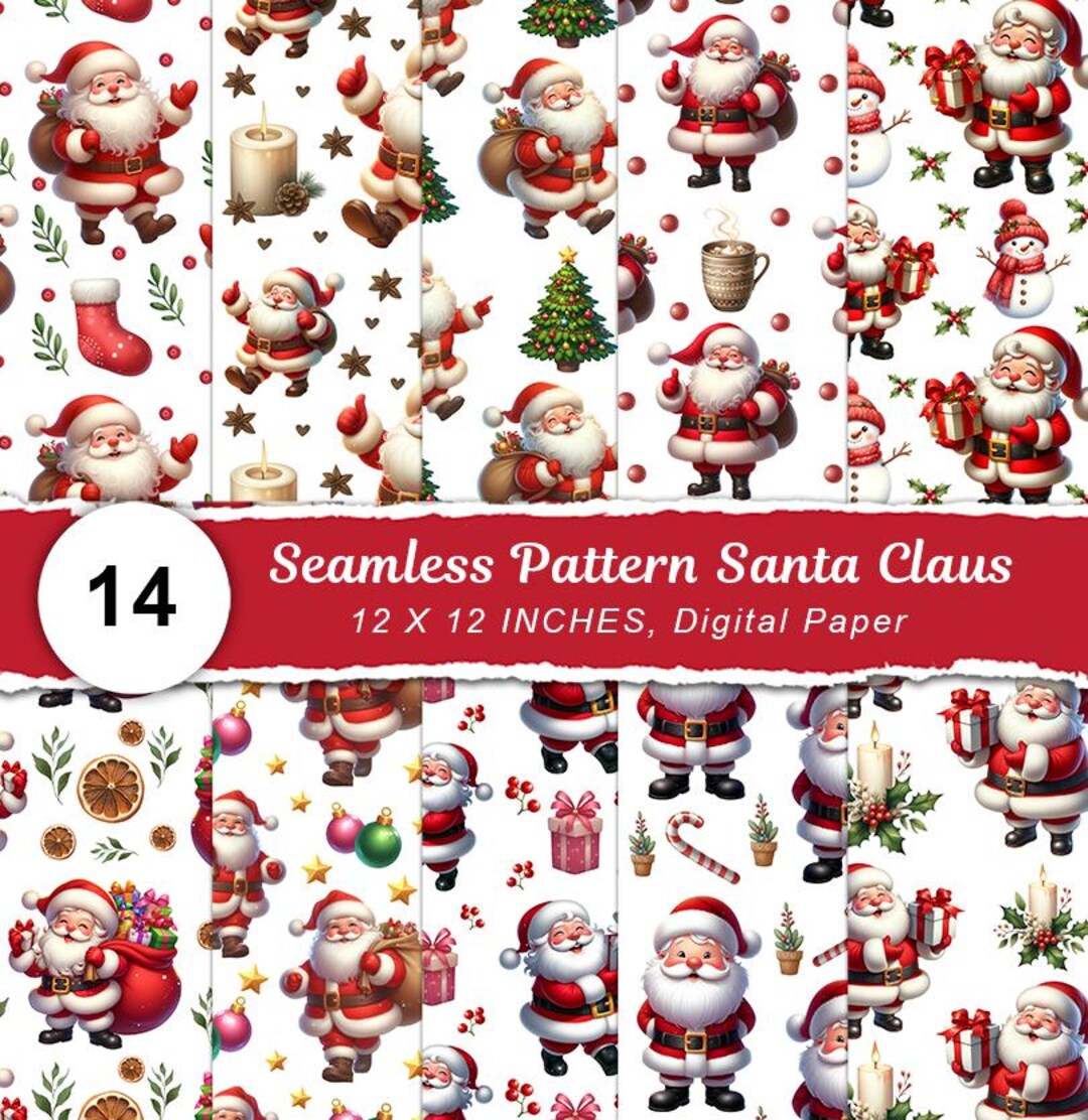 Santa Claus Seamless Pattern Bundle – 14 Christmas Digital Papers ...