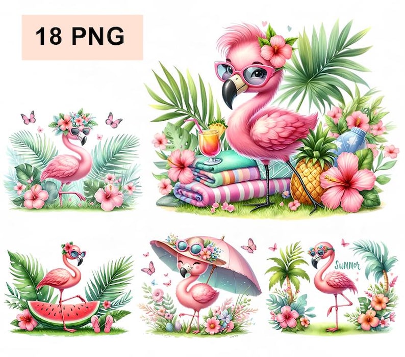 Flamingo Summer Clipart Bundle, Beach Vibes, 18 Transparent PNG ...