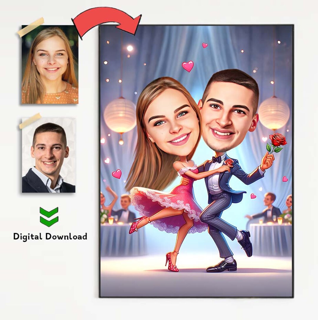 Romantic Cartoon Couple Portrait Art, Personalized Couple Cartoon ...