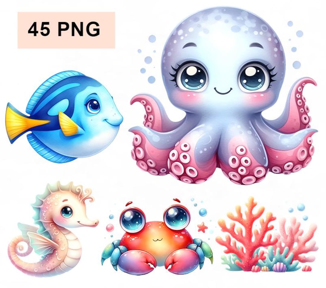 Kawaii Sea Life Clipart Bundle, Watercolor Ocean Animals, 45 ...