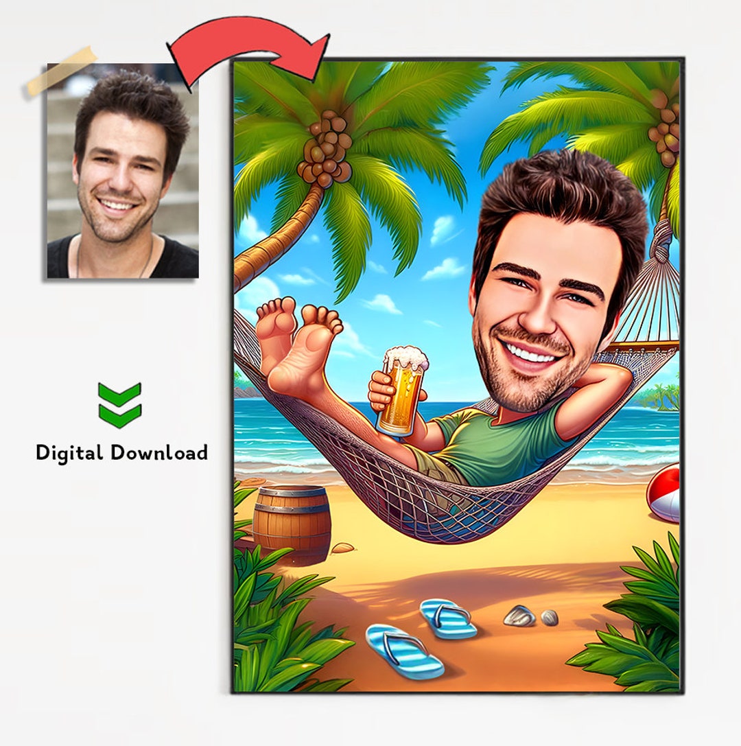 Cartoon of Man on the Beach, Personalized Vacation Man Caricature ...