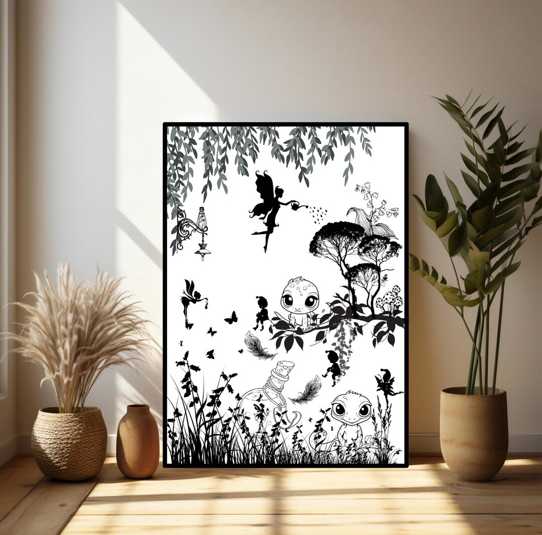 Enchanted Forest Fairy,magical Dragon,black and White Draw,magical ...