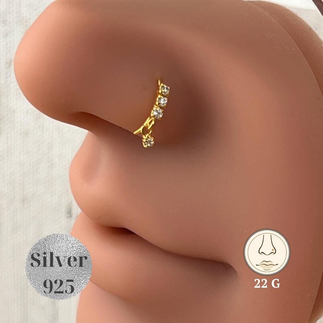 22G Dainty Dangle Nose Ring, Crystal CZ Nose Hoop, Dangling Diamond Drop Nose Piercing, Nostril ...