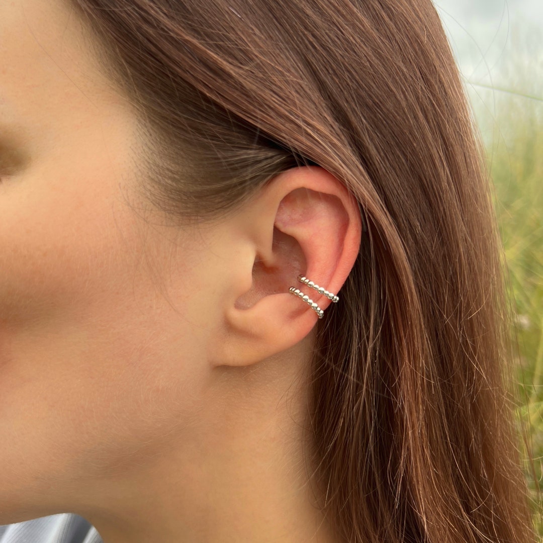 No Pierce Silver Twisted Ear Cuff, Tiny Balls Stylish Ear Bend, Beaded ...