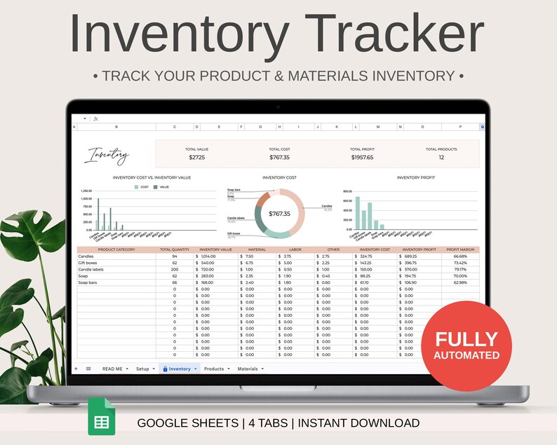 Inventory Tracker Spreadsheet Easy to Use, Google Sheets Template for Small Business, Manage ...