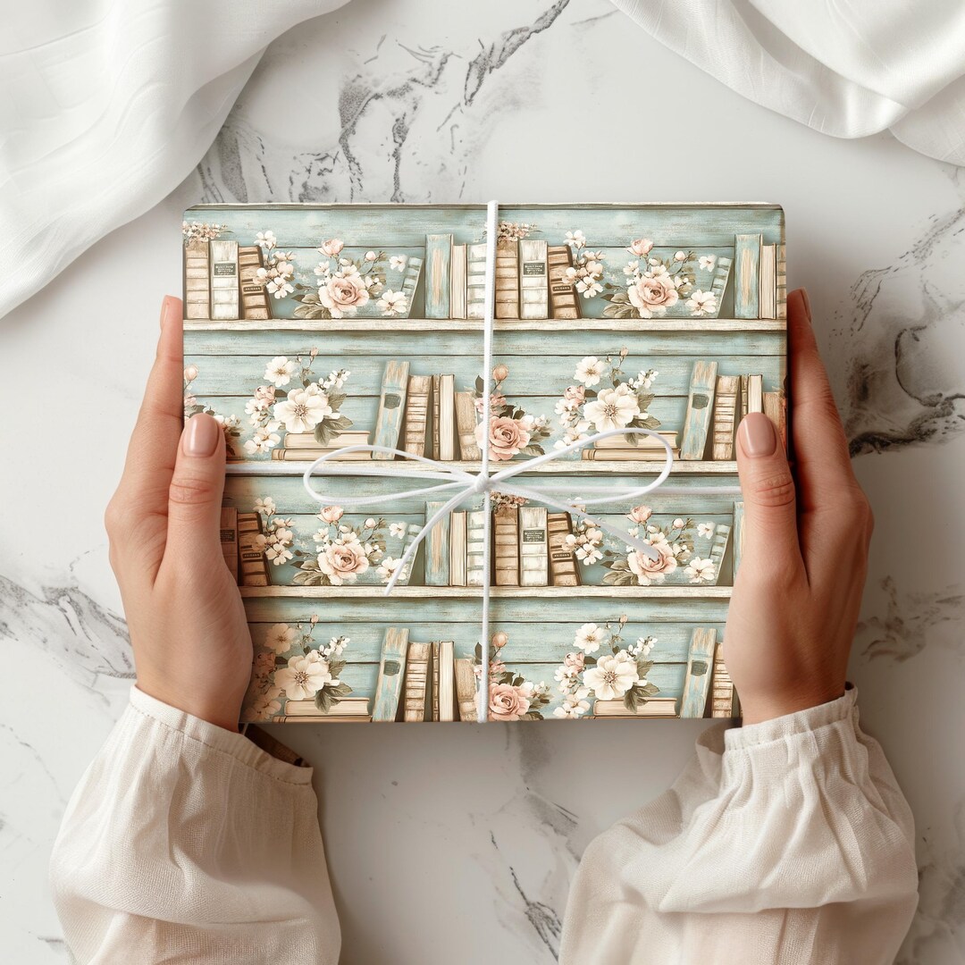 Antique Bookshelf Wrapping Paper Sheets, 1pc 2 Sizes. Vintage-look ...