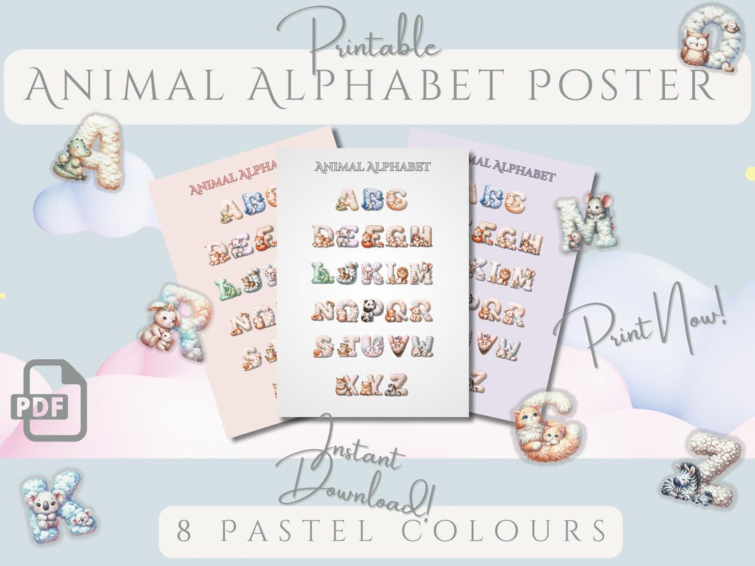 Animal Alphabet Wall Art Poster, ABC Nursery Print, Cute Safari Animals ...