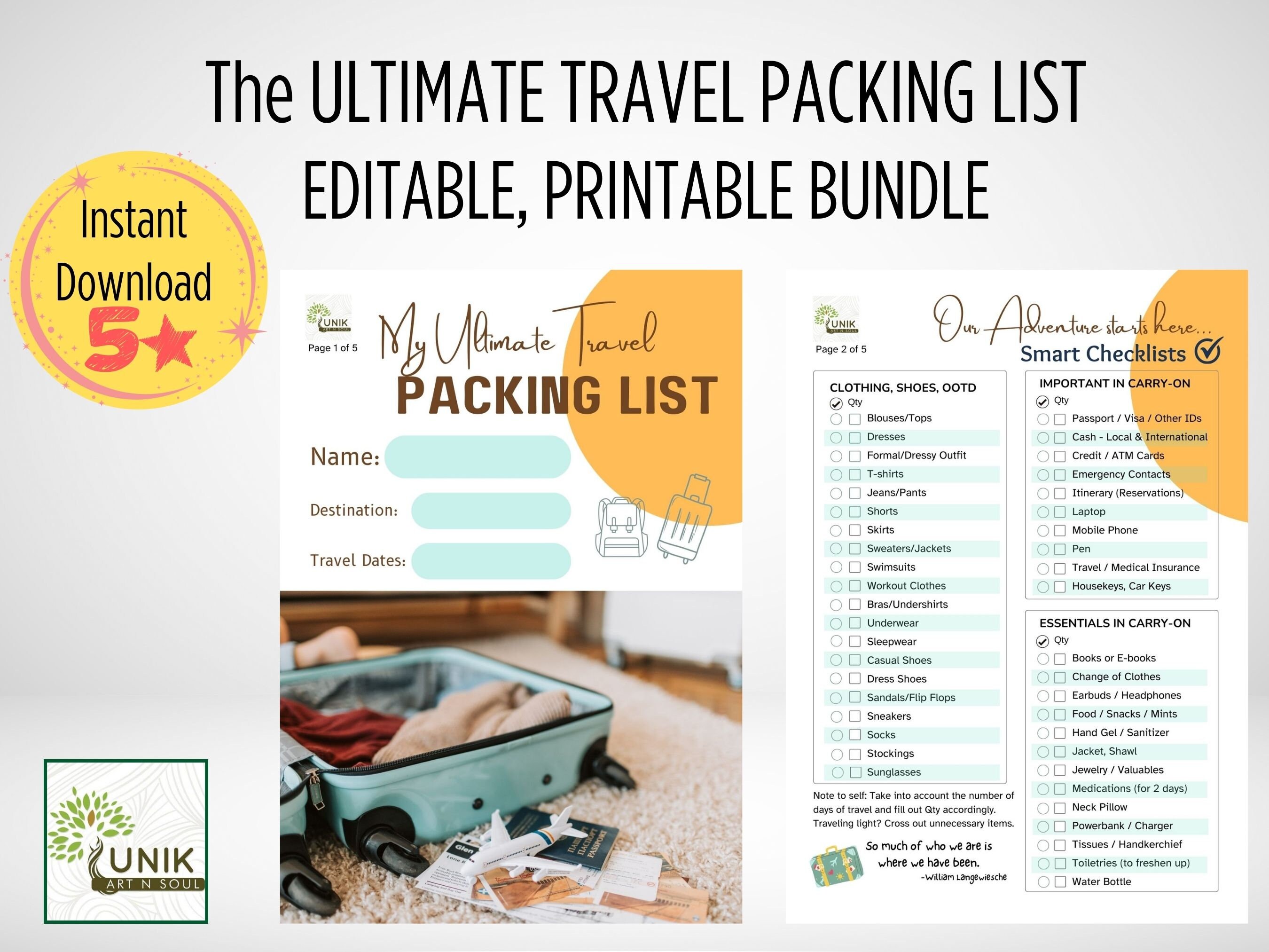 Travel Packing List, EDITABLE and PRINTABLE PDF, Ultimate Travel ...