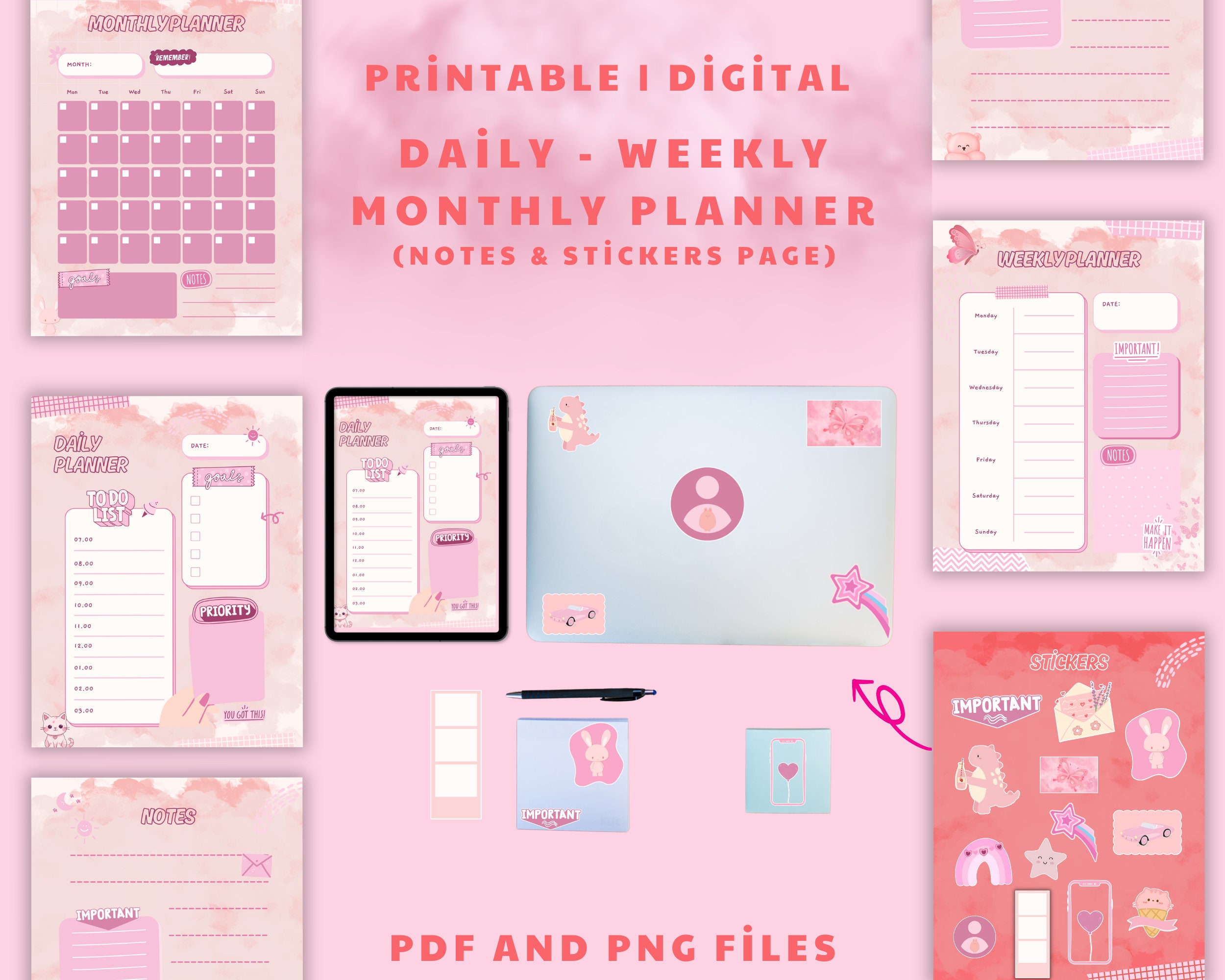 Cute Pink Themed , Pink Planner Daily Planner, Weekly Planner, Monthly ...