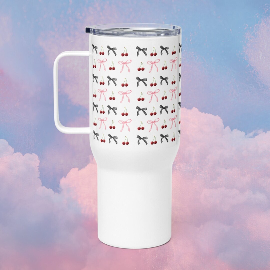 Travel Mug Dark Coquette Core With Handle, Black and Pink Ribbons With ...