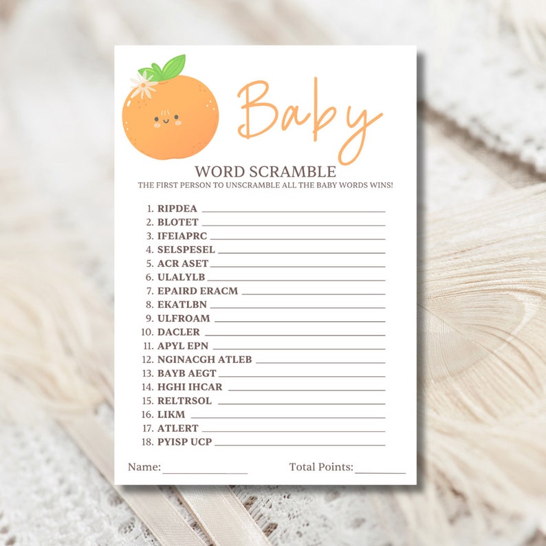 A Little Cutie is on the Way Baby Shower Word Scramble | Orange Citrus ...