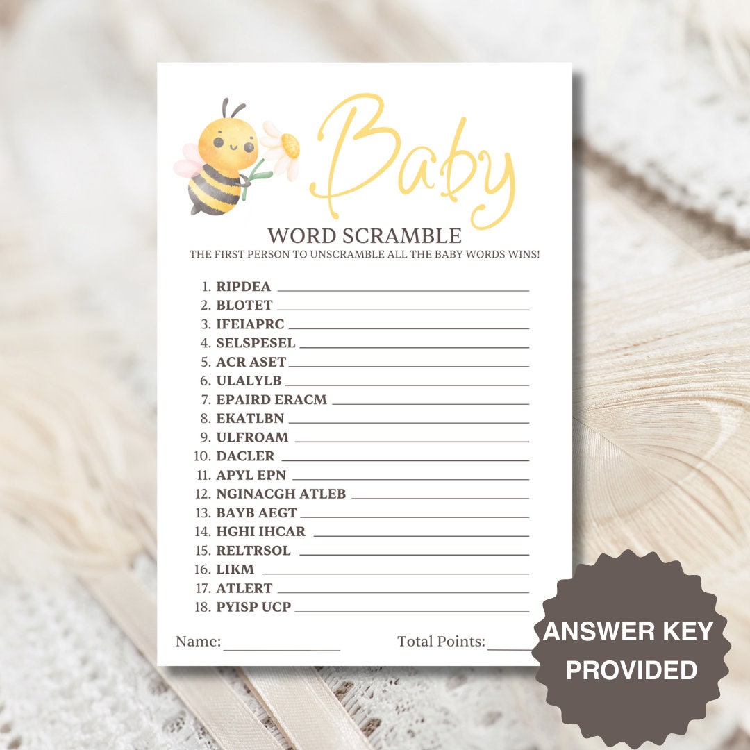 A Little Honey is on the Way Baby Shower Word Scramble Game | Honey Bee ...