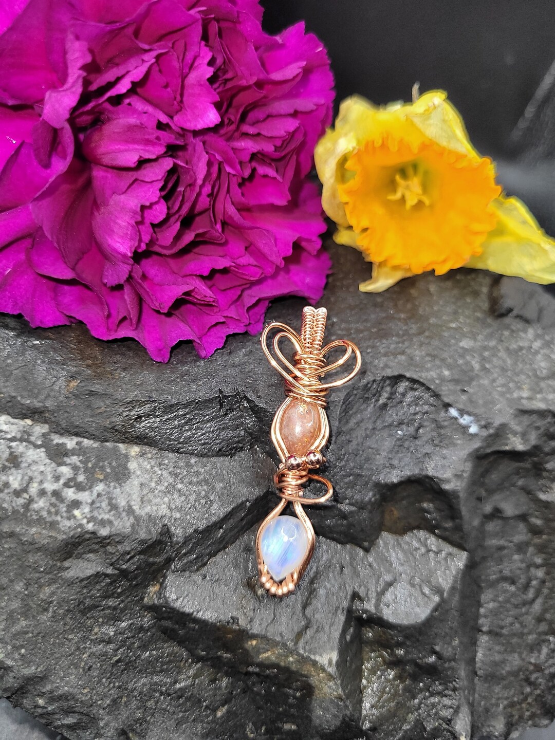 Blue Flash Moonstone and Oregon Sunstone Pendant Mini Set in Tarnish ...