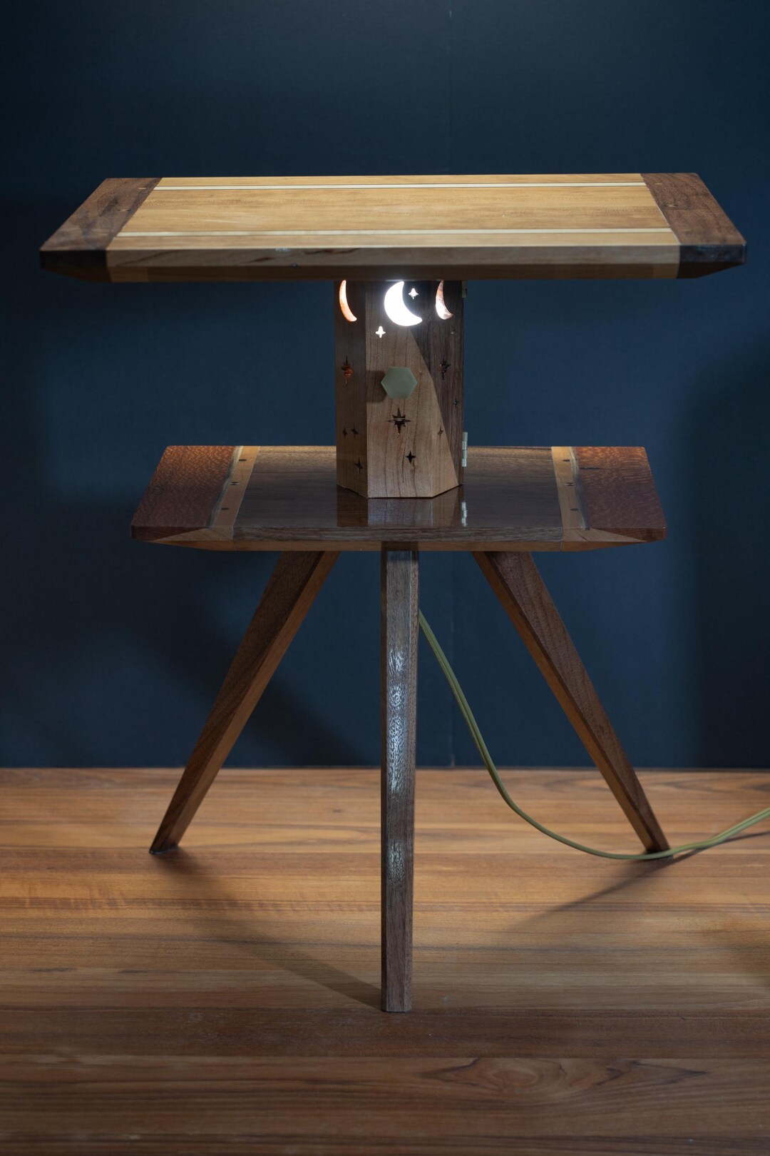 Cherry and Walnut Pedestal Lamp Accent Table With Maple and Leopardwood ...