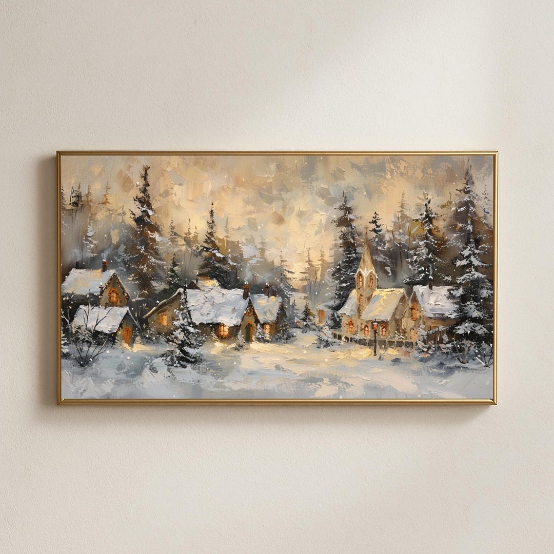Vintage Christmas Village Frame TV Art Snowy Winter Decor Oil Painting ...