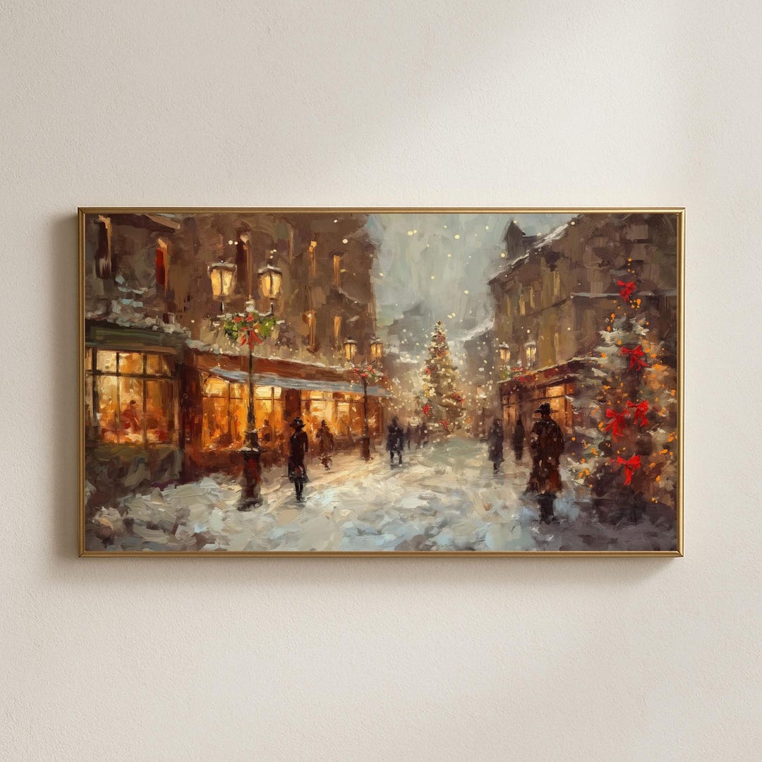 Vintage Christmas Village Frame TV Art Snowy City Winter Decor Oil ...
