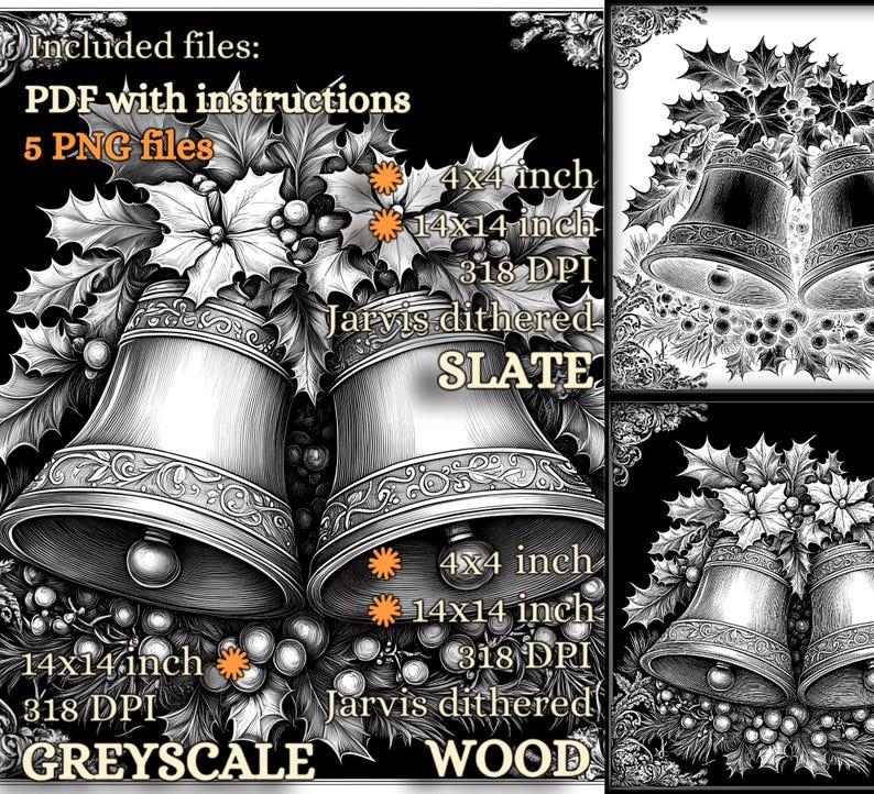 Christmas Bells Engraving PNG, Festive Holiday Laser Burn File, Winter ...