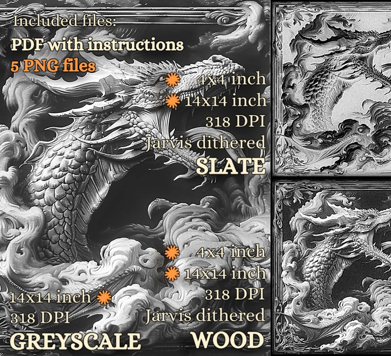 Dragon Engrave Set of 4 PNG, Fierce Dragon Laser Burn Bundle, Slate ...