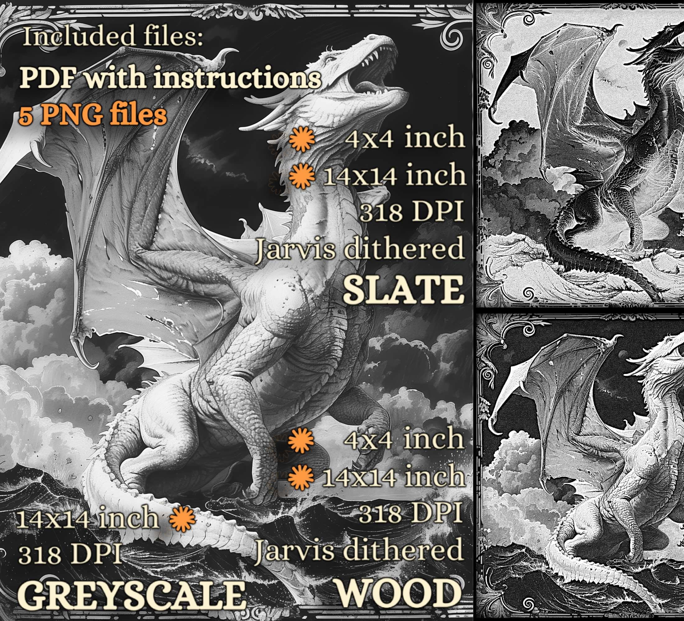 Dragon Engraving PNG, Fantasy Dragon Laser Burn File, Dragon Slate ...