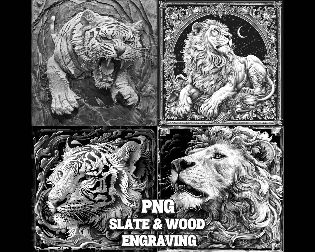 Tiger and Lion Engrave PNG Bundle, Wild Cat Laser Burn Set of 4 Files ...