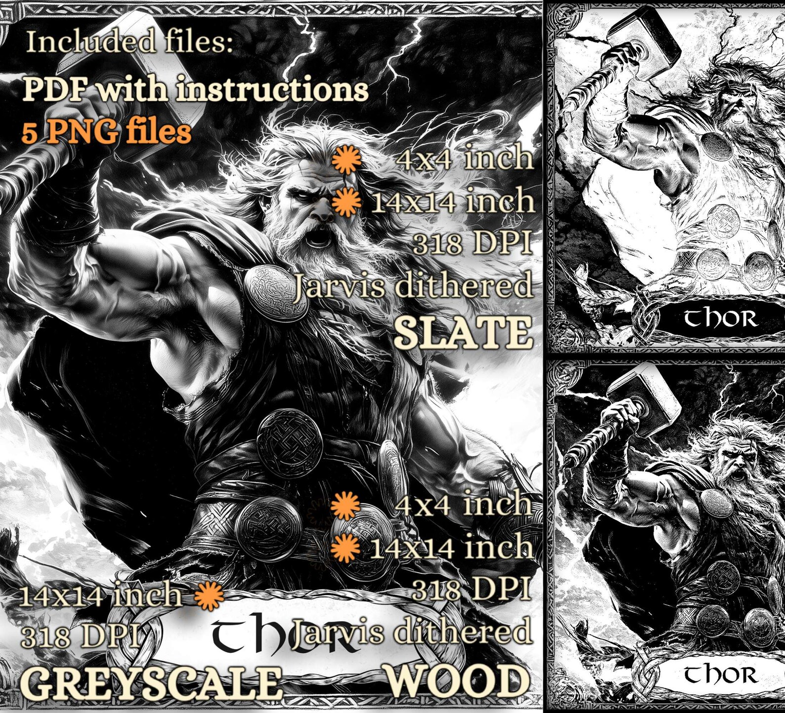 Norse Mythology Engraving Set, Norse Gods Laser Burn PNG Bundle, Slate ...