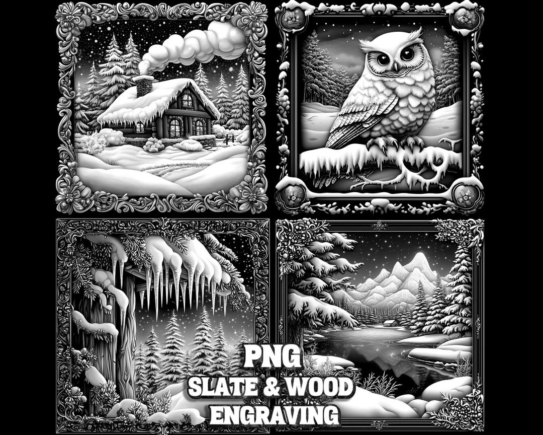 Winter Laser Burn PNG Bundle of 4, Holiday Engrave Set, Festive Slate ...